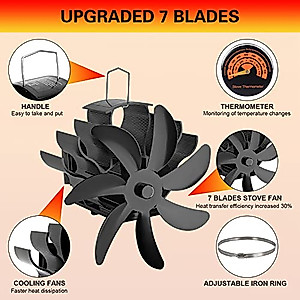 LAMA Heat Powered Wood Stove Fan, Upgrade 7 Blades Flue Pipe Hanging Fireplace Fan, Heat Activated Fan, Log Burner Fan with Stove Thermometer for Wood Burning Stove/Gas/Pellet/Log, Black