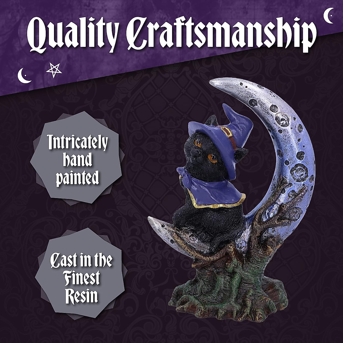 Nemesis Now Sooky Witches Cat Familiar Figurine in Purple Crescent Moon, Hand-Painted Resin Gothic Decor, Gift for Witches, 11.5cm