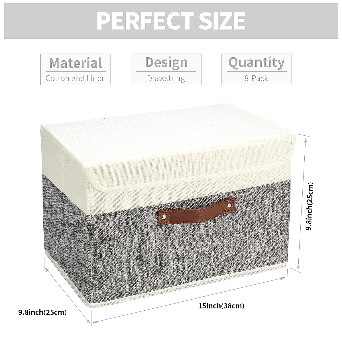 8 Pack Storage Bins Foldable Storage Boxes Fabric Storage Box with Lid & Handle Large Washable Storage Organizer Bulk for Office, Home, Books, Clothes, Bedroom, Closet, (15INx10INx10IN White/Grey)