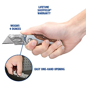 Sheffield 12525 Premium Lock Back Utility Knife 2 Pack, Box Cutter Knife, Carpet Knife, Drywall Cutter, Quick Change Blade, Aluminum And Wood Handle, Wood, Silver