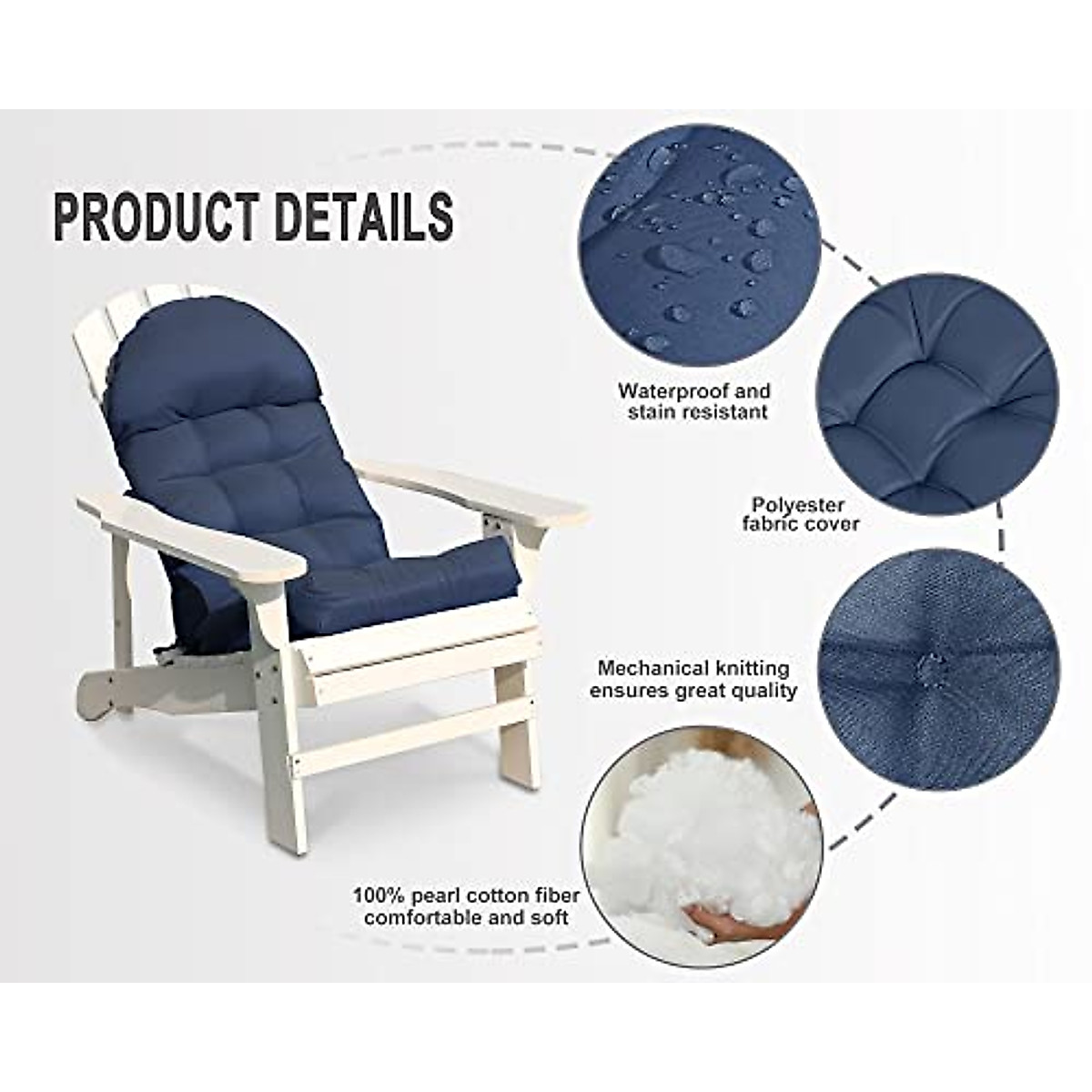 COSNUOSA 2 Pcs Rocking Chair Cushion High Back Adirondack Chair Cushion Waterproof Patio Cushions for Outdoor Furniture Navy