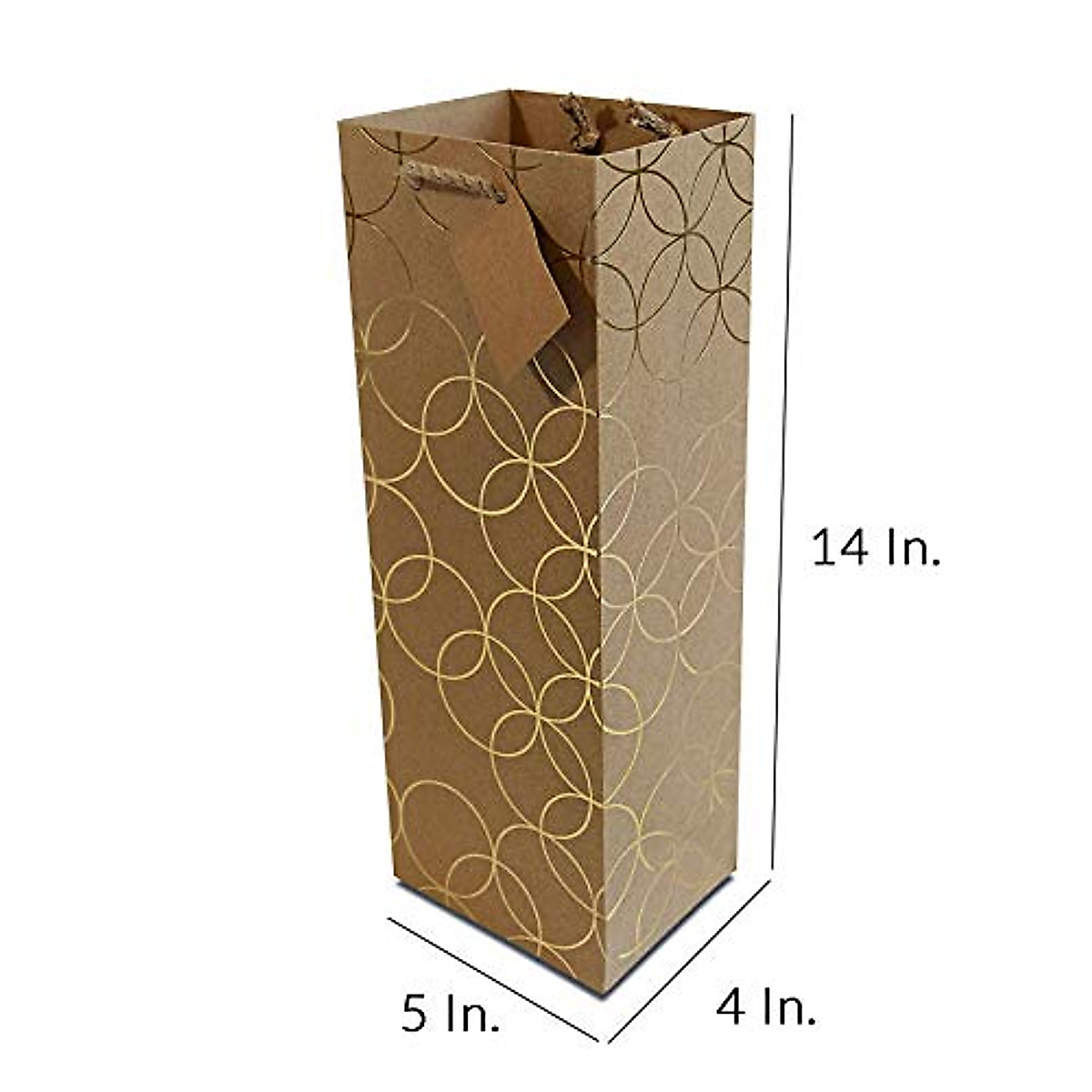 Wine Gift Bags - 12 Pack Brown Kraft Designer Paper Wine Bottle Bags with Handles, Gold Geometric Assorted Prints Gift Wrap for Parties, Weddings, House Warming, Holidays, Bachelorette, Bulk - 5x4x14