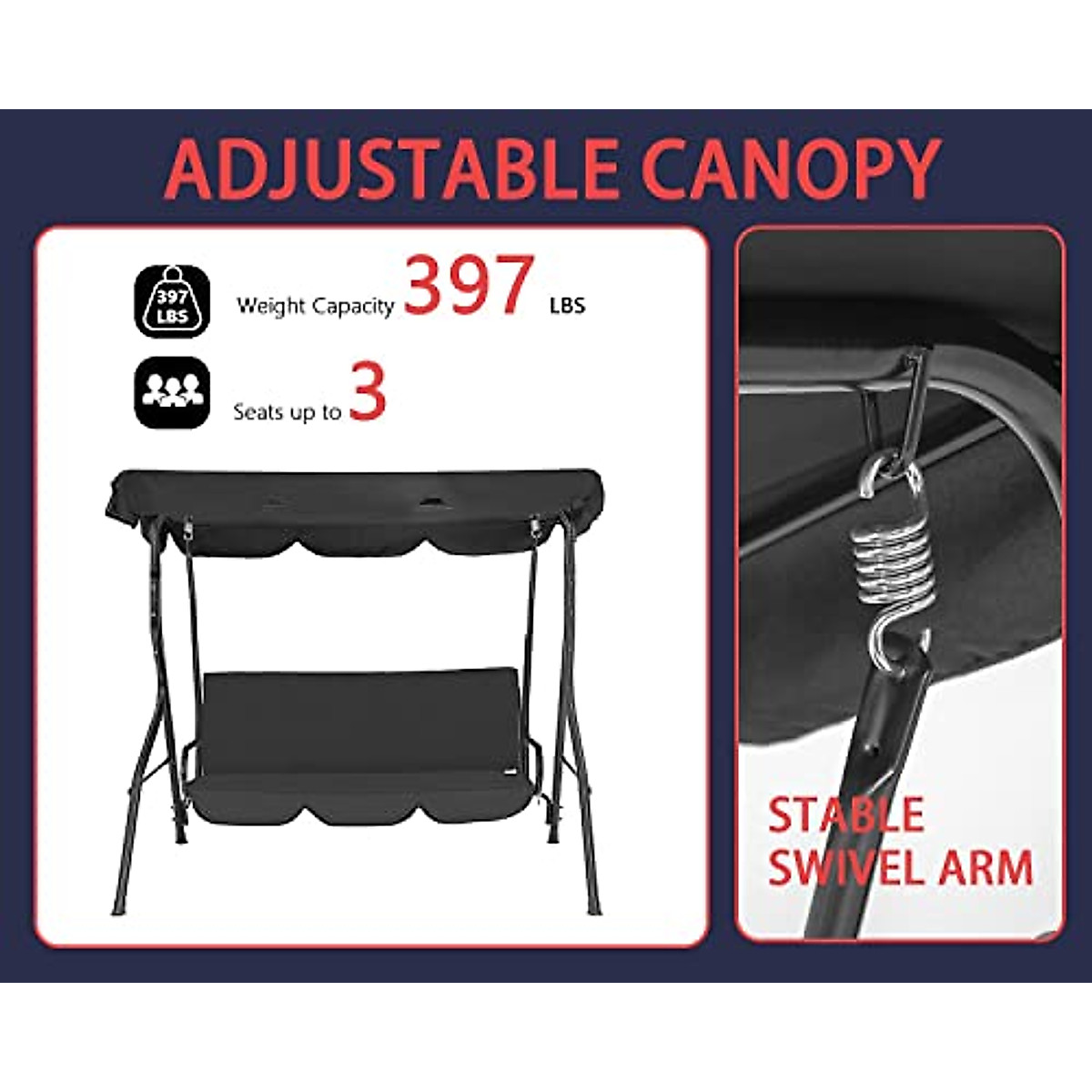 Patio Swing with Canopy Backyard Swing Outdoor Swing Chair with Adjustable Tilt Canopy Removable Cushions Stable Frame Comfortable Armrests for Patio Outdoor Backyard Garden Black
