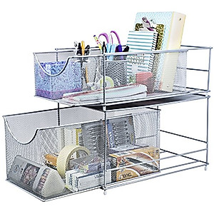 Sorbus® Cabinet Organizer Set —Mesh Storage Organizer with Pull Out Drawers—Ideal for Countertop, Cabinet, Pantry, Under the Sink, Desktop and More (Silver Two-Piece Set)
