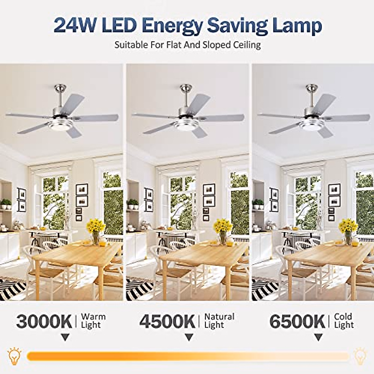 Chriari 52 Inch Ceiling Fans with Lights Remote Control, Wood Low Profile Ceiling Fan with 5 Silver Blades Quiet Reversible DC Motor, Modern Ceiling Fan with 6 Speeds, Dimmable LED Light, Smart Timing