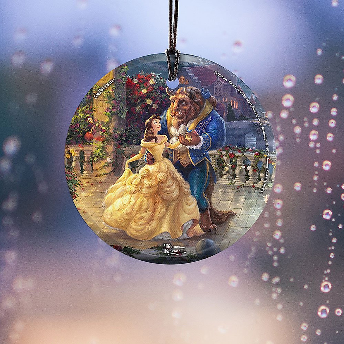 Trend Setters Thomas Kinkade Disney Dancing in The Moonlight Beauty and The Beast 3.5” Starfire Prints Hanging Glass Print Accessory