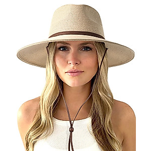 FURTALK Womens Summer Straw Sun Hats Wide Brim Panama Fedora Beach Hat with Wind Lanyard UPF 80+ Beige
