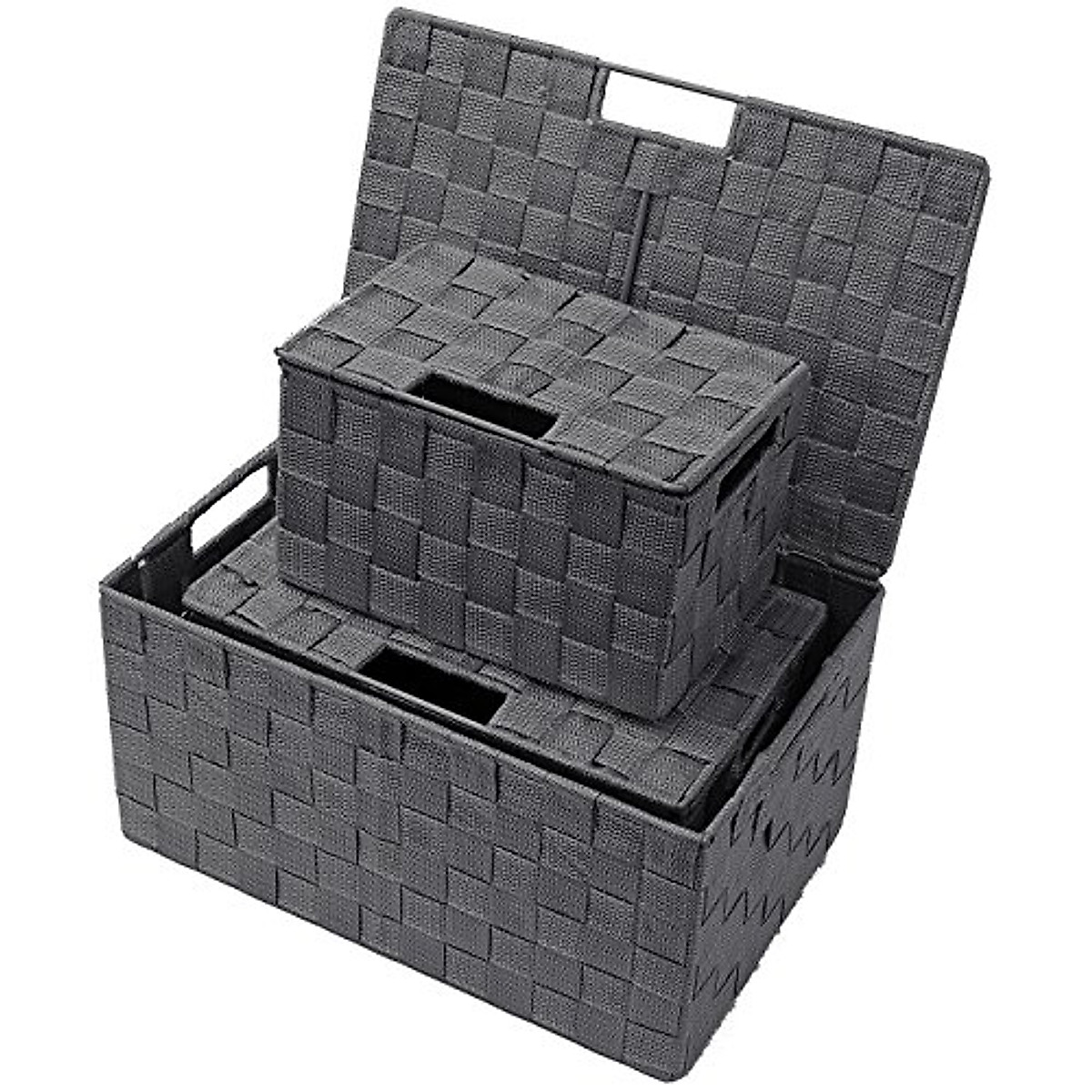 Sorbus Storage Box Woven Basket Bin Container Tote Cube Organizer Set Stackable Storage Basket Woven Strap Shelf Organizer Built-In Carry Handles (Lid Bins - 3 Pack, Gray)