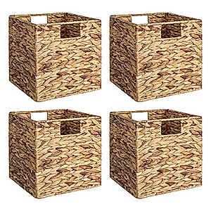 StorageWorks Wicker Storage Cubes with Liners, Water Hyacinth Storage Baskets for Shelving, Handwoven Square Baskets with Built-in Handles, Medium, 4 Pack