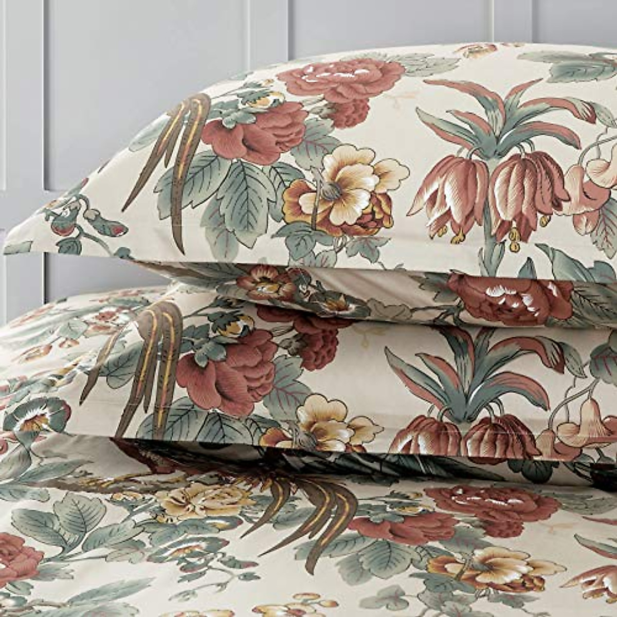 Eikei Home Chinoiserie Chic Peacock Floral Duvet Cover Paradise Garden Botanical Bird and Tree Branches Vintage Stylized Long Staple Cotton Bedding Set (Autumn Red, King)