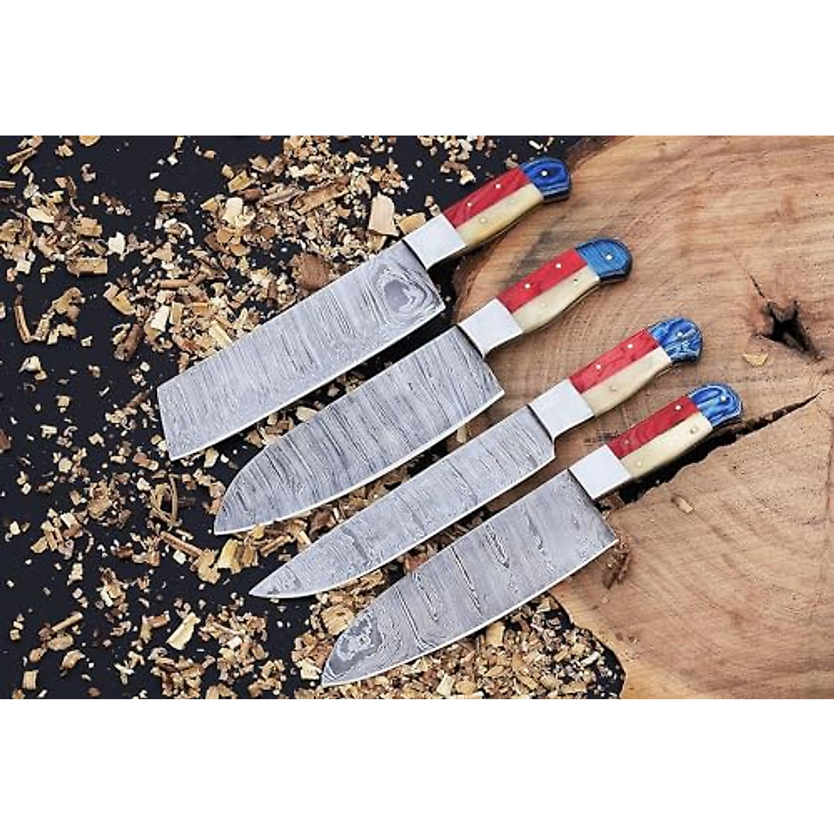 Vintage Blacksmith/Handmade Damascus Hunting Knife - fixed Blade Hunting Knife with Sheath Handmade Damascus Chef Knives Set of 4 pcs