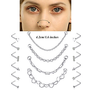 Tornito Nose Chain Piercing Across Double Nose Stud Chain CZ Heart Ball L Shaped Nose Chain 4.2CM Nostril Piercing Jewelry for Women Men 20G Silver Tone
