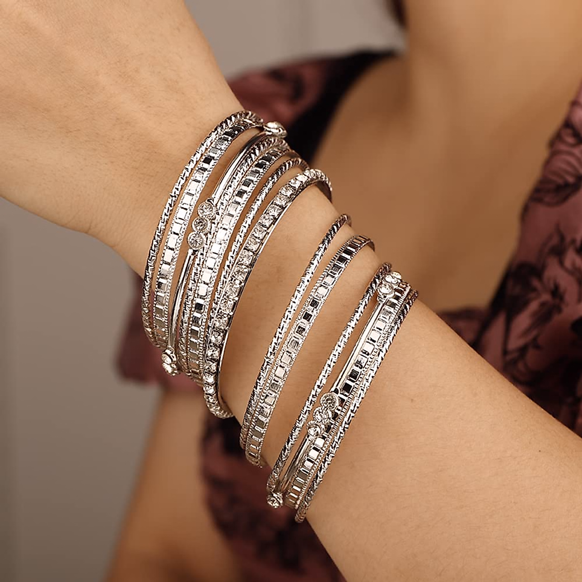 Rumtock 13pcs Boho Silver Bracelet Set for Women Girls Crystal Beads Stackable Bangle Hand Chain Punk Jewelry for Party