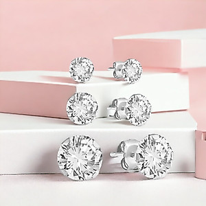 Jewelili 10k White Gold with 4mm, 5mm and 6mm White Round Cubic Zirconia Stud Earrings, 3 Pairs