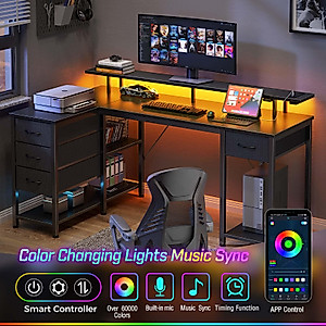 Seventable Gaming Desk with Drawers, 55.1 Inch L Shaped Desk with Storage Shelves, Small Office Desk with LED Lights & Power Outlets, Black Corner Computer Desk with Monitor Stand for Bedroom