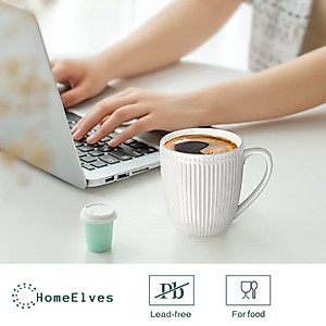 HomeElves Coffee Mugs Set of 6, 16 Oz White Coffee Mugs, Porcelain Mugs, Large and Easy to Grip Mug Sets, Embossed Coffee Cup Set for Coffee, White