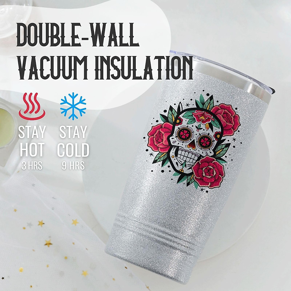 Onebttl Sugar Skull Gifts for Women, Day of the Dead, 20 oz Travel Tumbler with Lid, Brush, and Straw, Mexican Gifts, Silver Glitter