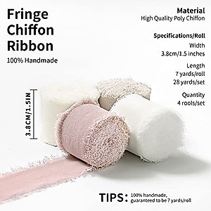 Serwalin 4 Rolls Handmade Fringe Chiffon Silk Ribbon 1.5" x 7Yd Gauze Frayed Edges Nude & White Ribbons Set 28 Yards for Gift Wrapping, Wedding Invitations, Bridal Bouquets,DIY Crafts Decor