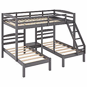 DEYOBED Full Over Twin & Twin Wooden Triple Bed Bunk Bed with Easy-Access Ladder - Functional Sleep Arrangement for Kids, Teens, Adults