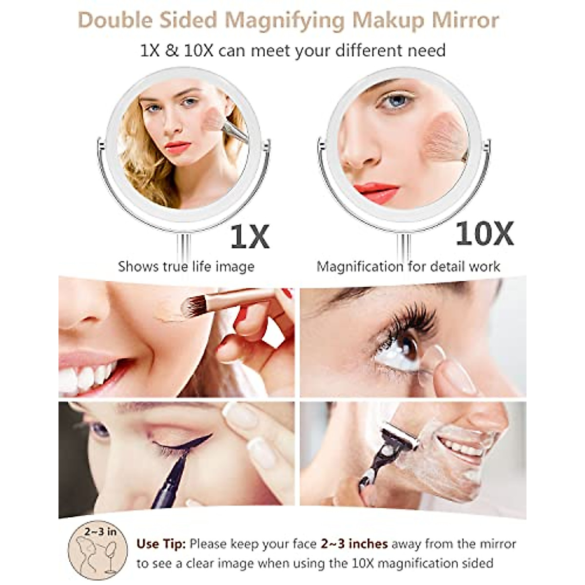 Cheftick Double Sided 1X & 10X Magnifying Makeup Mirror, Tabletop Magnified Vanity Mirror with 360 Degree Swivel for Bathroom or Bedroom, Transparent