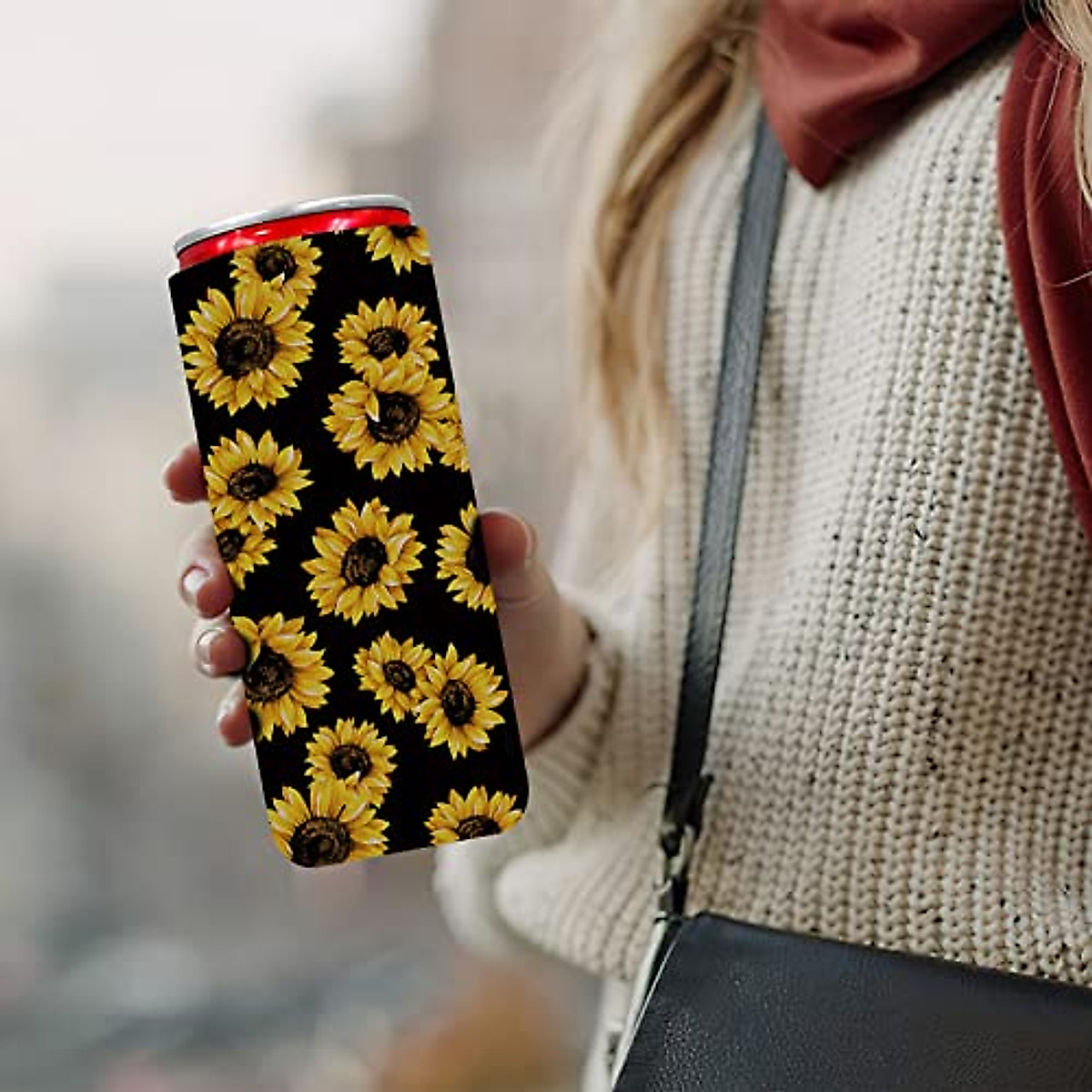 XccMe 2pcs Slim Can Cooler, Colourful Neoprene Beer Cooler Beer Coolies Beer Holders Perfect for 12oz Slim Cans like Red Bull, White Claw, Slim Beer and Spiked Seltzer Water（Sun Flower）