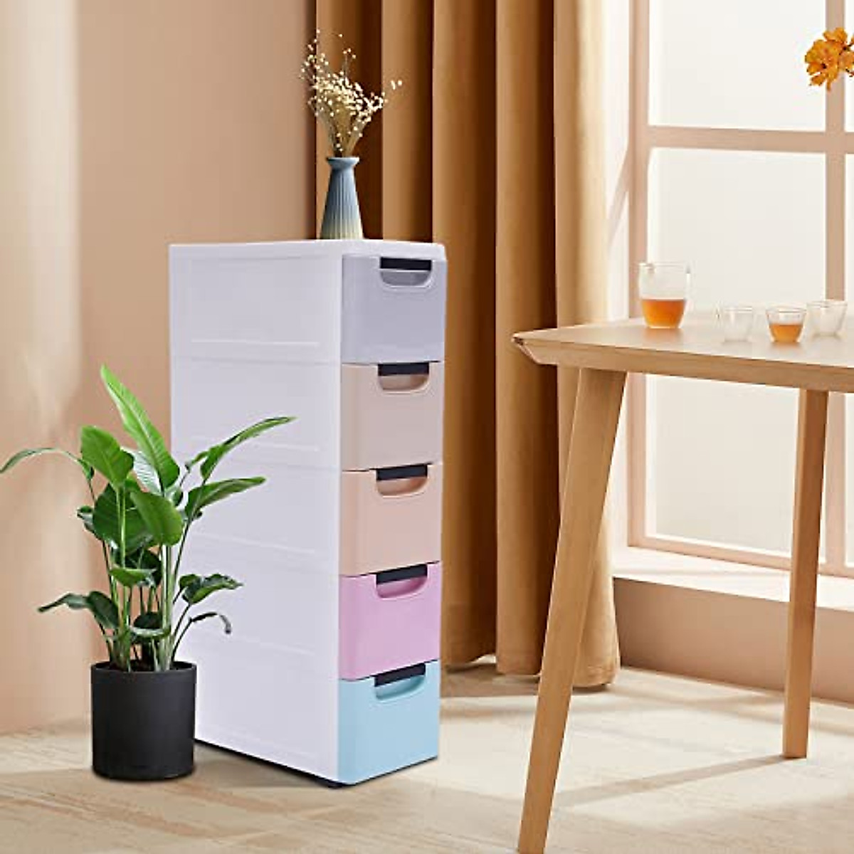 DYRABREST 5 Drawer Units Dresser Storage,Plastic Narrow Storage Cabinet,Small Closet Organizer Standing Shelf Bedroom Furniture for Bathroom Living Room 7.87 * 15.75 * 33.07in (Colorful 1)