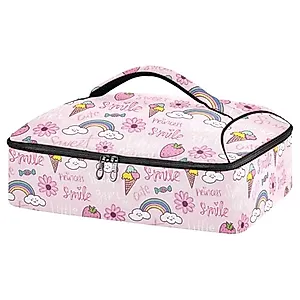 Kcldeci Insulated Thermal Food Carrier Insulated Casserole Carrier for Hot or Cold Food,Cute Cartoon Pink Rainbow Ice Cream Flowers Insulated Tote Bag for Potluck Cookouts Parties Picnic,Lasagna Lugge