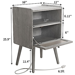 Mid Century Modern Nightstand with Charging Station, Bedside Tables with Glass Door, End Table Side Table with 2 Tiers Storage Space, for Bedroom, Living Room, Light Grey