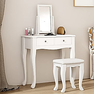 soges Makeup Vanity Table Set, 2-Drawer Dresser Desk, 360° Rotation Mirror, Cushioned Stool, Bedroom Dressing Table Set, White