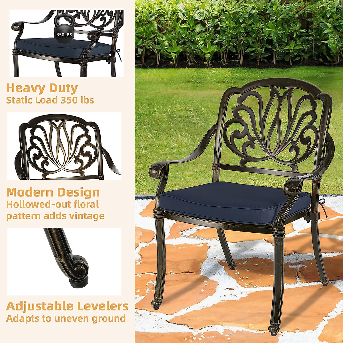 W WARMHOL 5-Piece Outdoor Patio Dining Set, All-Weather Cast Aluminum Patio Furniture Set for Backyard Garden Deck with 4 Chairs, 4 Cushions and 35.4” Square Table, 2.2" Umbrella Hole, Navy