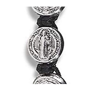 CB Silver Tone Saint Benedict Medal on Adjustable Black Cord Wrist Bracelet, 8 Inch, Pack of 5