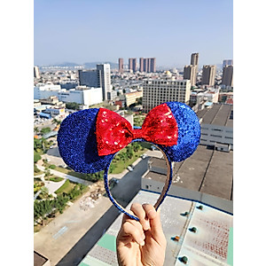 OBUY Mouse Ears Bow Glitter Princess Party Decoration Adult Sparkly Mermaid Headband for Cosplay Costume for Girls & Women(Blue Red)