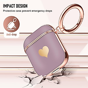 Maxjoy Compatible with Airpods Case,for Airpods 2nd Generation Case Cute Electroplating with Gold Heart Pattern with Lanyard Shockproof Cover for Girls Woman Airpods 2 &11-Light Purple
