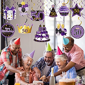 30 Pieces 50th Birthday Decorations 50th Birthday Party Hanging Swirl Decorations, Purple Gold Happy 50th Birthday Swirls Foil Ceiling Decorations for Cheer 50th Birthday Anniversary Party Supplies