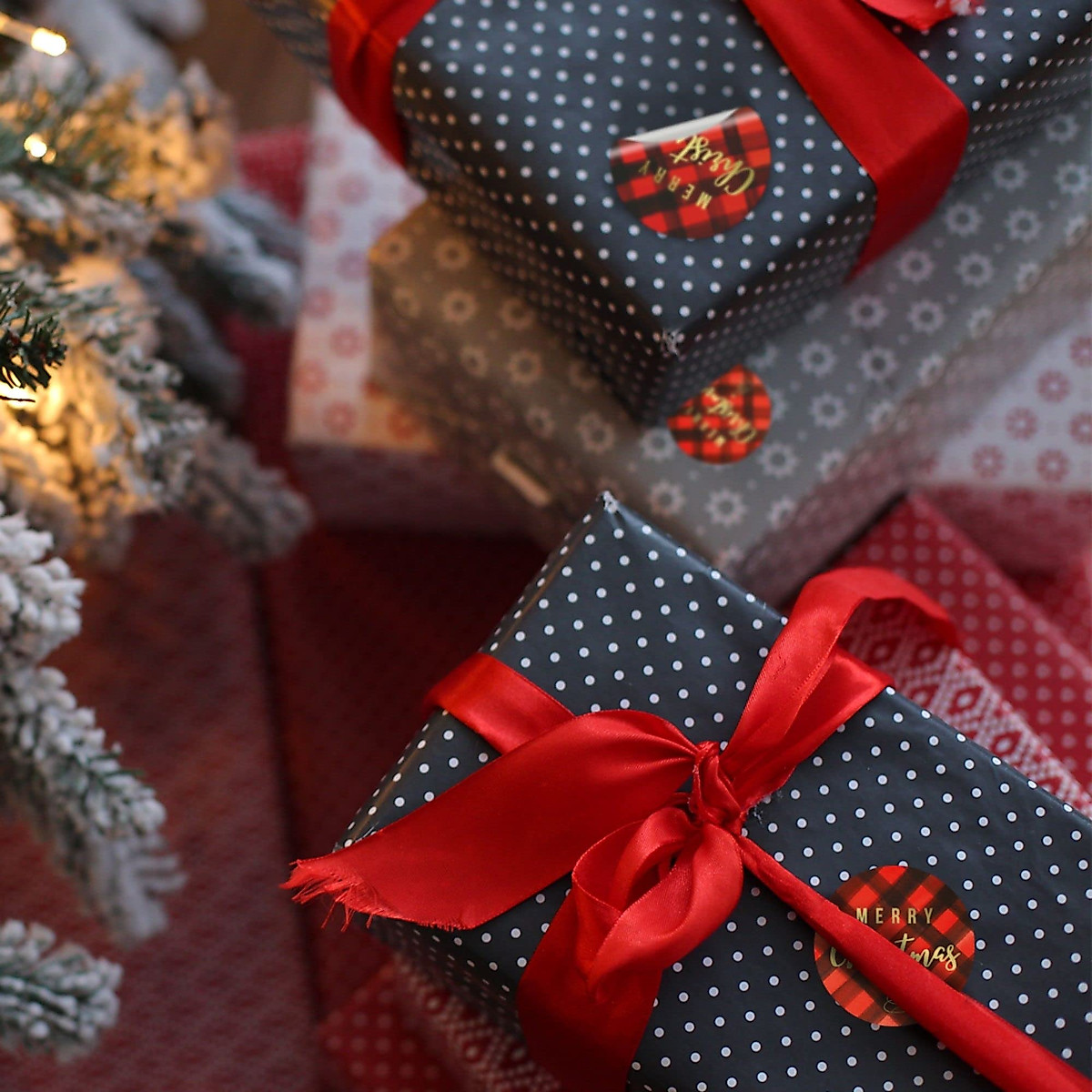 Mobiusea Creation Merry Christmas Stickers | Envelope Seals | 1.4 inch | Gold Foil | Red Buffalo Plaid Labels| Waterproof | 90-Pack for Christmas Gifts, Holiday Stickers for Envelopes, Holiday Cards