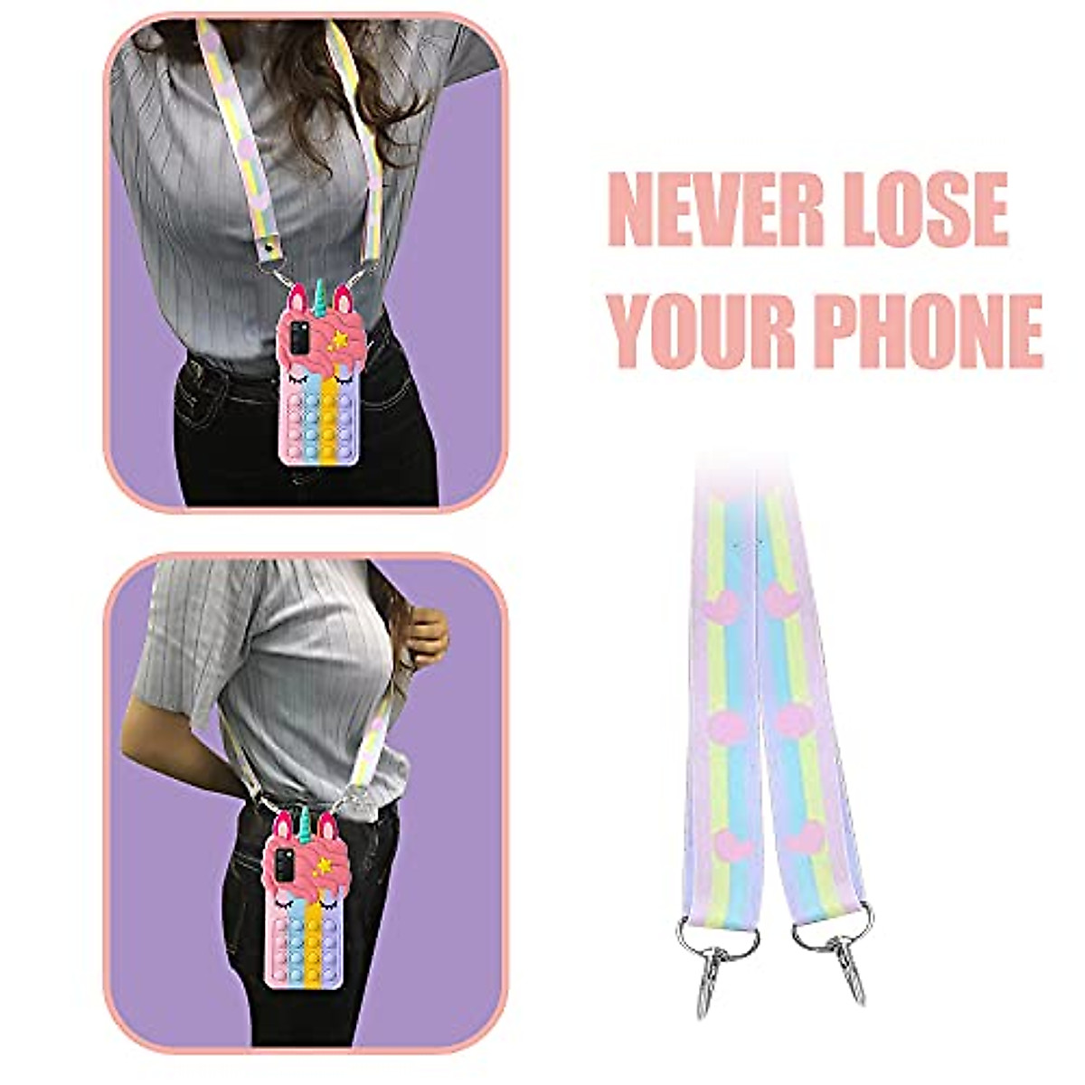 B-wishy Fidget Toys Stress Relief Phone Case for Samsung Galaxy A02S,A03S, with Strap,Push Pop Bubble 3D Cartoon Funny Cute Silicone Cover for Girls Kids Teen, Aesthetic Color Bubble Case-Rainbow