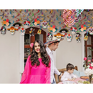 Day of the Dead Sugar Skull Hanging Swirl Decorations dia de los muertos Ceiling Streamers Party Decor Mexican Theme Party Supplies Skull Guitar Flower Halloween Baby Shower Set of 20
