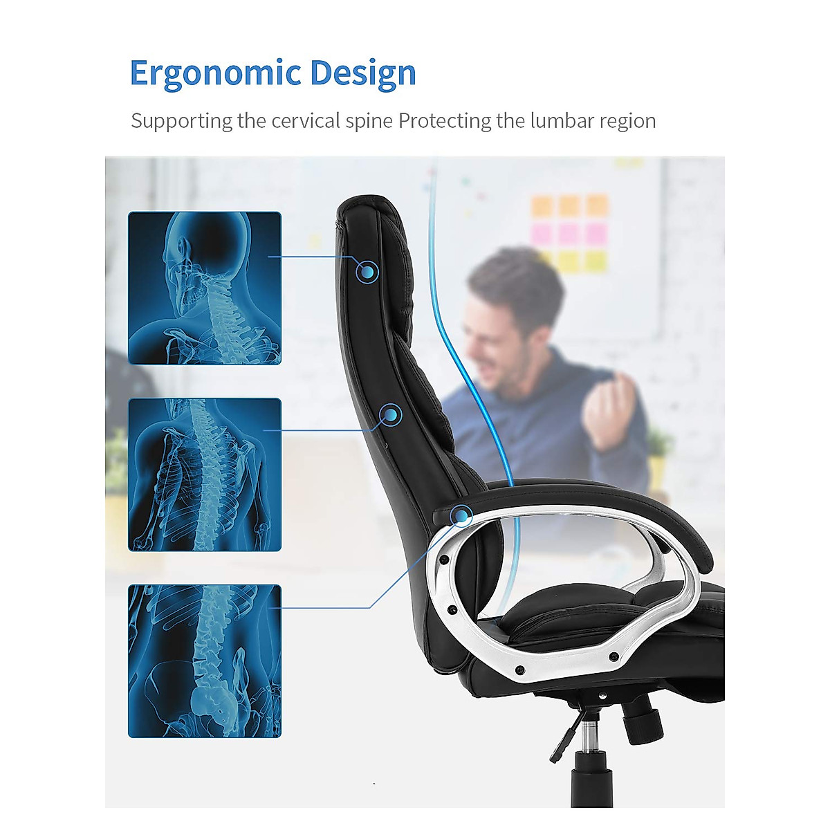 Office Chair Massage Desk Chair High Back Adjustable Ergonomic Computer Chair with Lumbar Support Headrest Armrest Task Chair Rolling Swivel PU Leather Executive Chair, Black