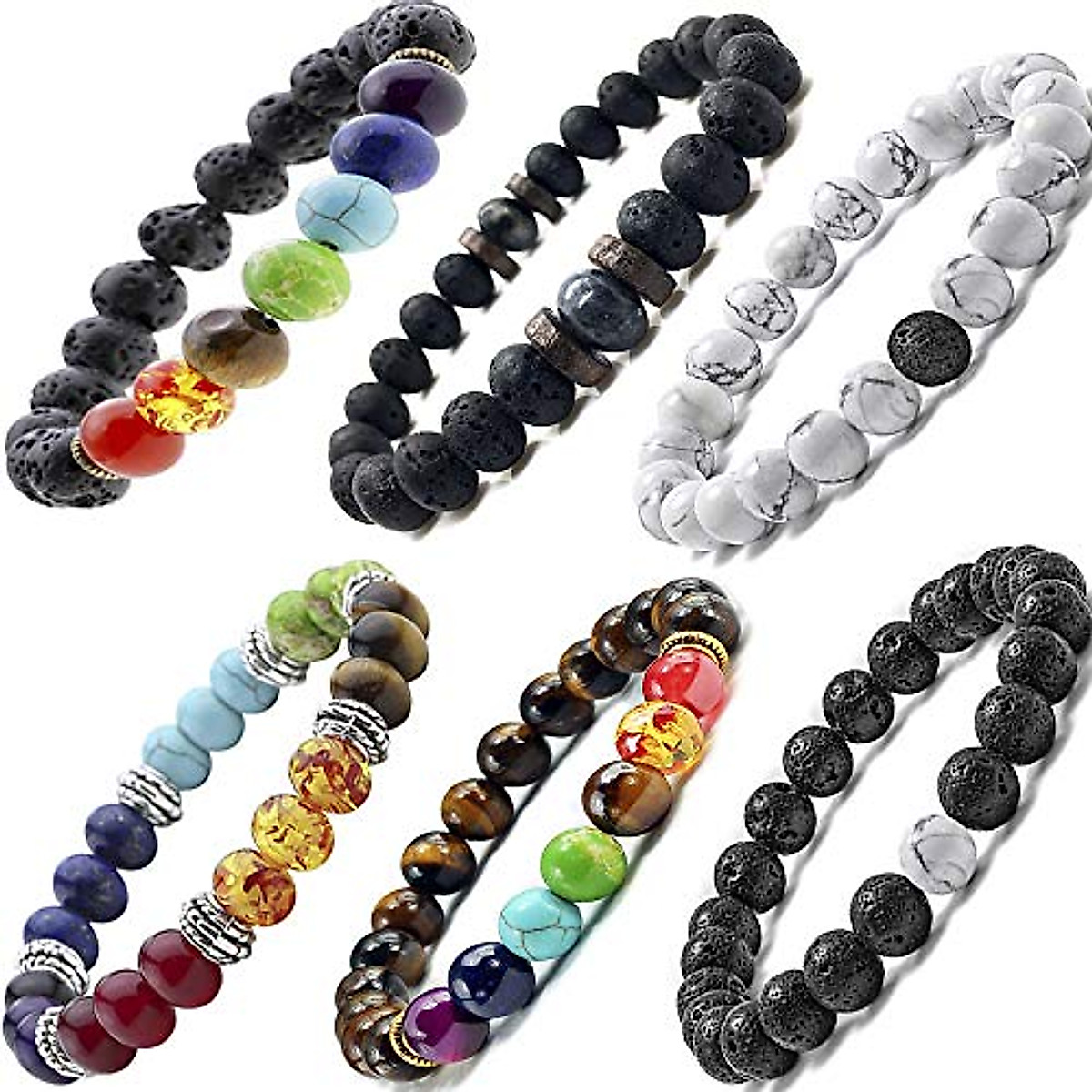 Black Lava Stone 7 Chakra Bracelets 6pcs mix 8mm Yinyang Rock Bead Elastic Natural Stones Gemstones Oil Diffuser Yoga Menditation Beads Bracelets for Men Women Girls Jewelry (6pcs Lava Stone Bracelet)