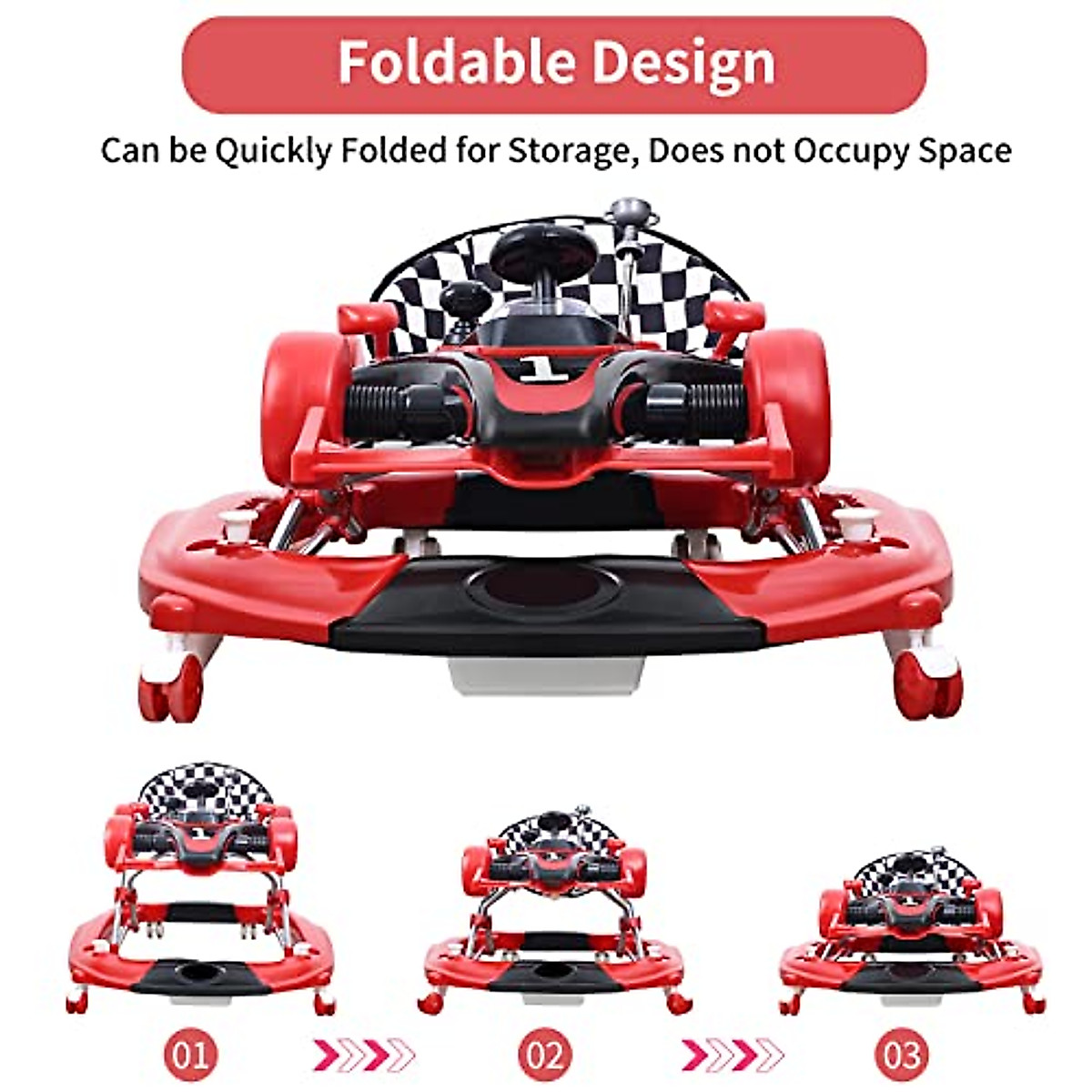 Baby Walker, 4-Mode＆4-Gear Height Adjustable Baby Walker with Wheels, Foldable Baby Walkers and Activity Center with Foot Pads, Infant Toddler Walker, Baby Walkers for Baby Boys and Girls 6-24 Months