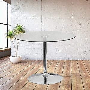 Flash Furniture Hills 39.25'' Round Glass Dining Table with 29''H Chrome Base, Decorative Narrow Round Tempered Glass Cocktail Table, Clear/Silver