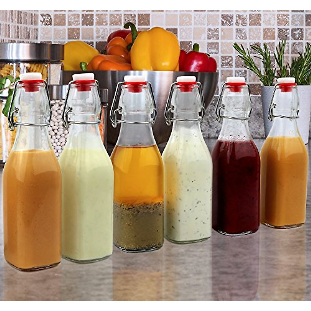 Estilo Swing Top Easy Cap Clear Glass Bottles, Round, 8.5 oz, Set of 6. Standard Size, Flip Top Bottles to store home brews, oils, vinaigrettes, wines, beer, teas