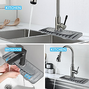 Silicone Faucet Splash Guard, 14.25 Inch Faucet Water Catcher Mat, Two water outlets Silicone Sink Mat, Faucet Handle Drip Catcher Tray Mat for Kitchen Countertop and Bathroom Sink Protectors (Grey)