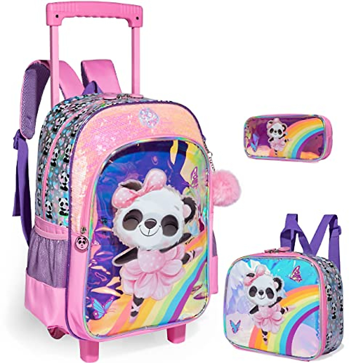 ZBAOGTW Panda Rolling Backpack for Girls with Lunch Box Kids Backpack with Wheels for School Sequin Trolley Trip Luggage Rolling Backpack for Kindergarten Girls Elementary School