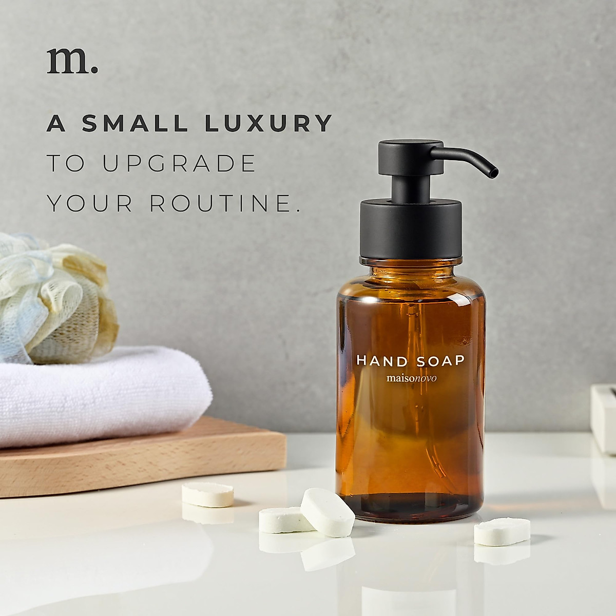 MaisoNovo 14 oz Amber Glass Foaming Soap Dispenser with Black Pump + Mixed 4 Pack Foaming Hand Soap Refill Tablets