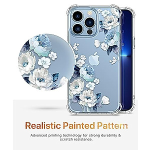 GVIEWIN for iPhone 13 Pro Case with Screen Protector & Camera Lens Protector, [10FT Military Grade Drop Protection] Clear Shockproof Slim Fit Floral Phone Case for Women Girls (Rosa Chinensis/Blue)