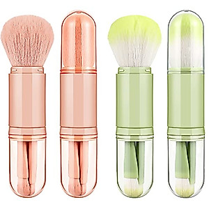 2 Sets Retractable Kabuki Makeup Brush Set 4 in 1 Powder Foundation Travel Blush Brush for Liquid Cream Cosmetics Travel(Pink, Green)