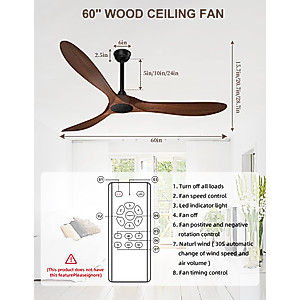 BECLOG Ceiling Fan With Remote Control,Indoor/Outdoor Ceiling Fans with Noiseless DC Motor and 3 Downrods.60 inches Ceiling Fans No Lights Plastic Fan Blade Walnut Look