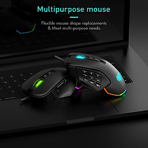Havit Gaming Mouse Computer Ergonomic Wired Mice with 14 Programmable Buttons Interchangeable Side Plates (8 Buttons/ 8+6 Side Buttons), 2 Replaceable Right Plates for Laptop PC Gamer