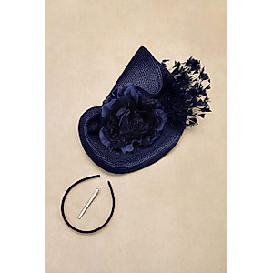 BABEYOND Tea Party Fascinator Hat for Women Kentucky Headwear Feather Derby Pillbox Wide Church Hat for Cocktail Wedding Navy Blue